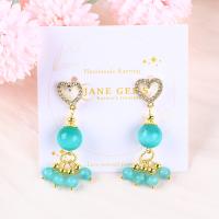 China Handmade 6mm 12mm Green Cat Eye Gemstone Dangle Earrings Copper Gold Plating Natural Stone for sale