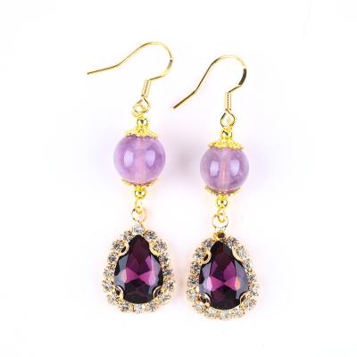 China Handmade Amethyst Gemstone Earrings Natural Crystal Beaded Pendant Jewelry 4x1.3cm for sale