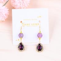 China Handmade Amethyst Gemstone Earrings Natural Crystal Beaded Pendant Jewelry 4x1.3cm for sale