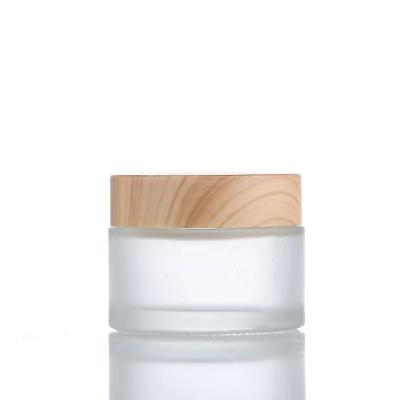 China 5g 10g 15g 30g 50g Empty Frosted Glass Cream Jars Refillable Cosmetic Natural Wood Leakproof Travel Storage Containers for Eye Cream Face Mask Skincare for sale