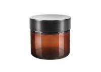 China 2 oz Amber Glass Cosmetic Jars with Black Pump - Food Grade UV Protection Containers 7000pcs MOQ for sale