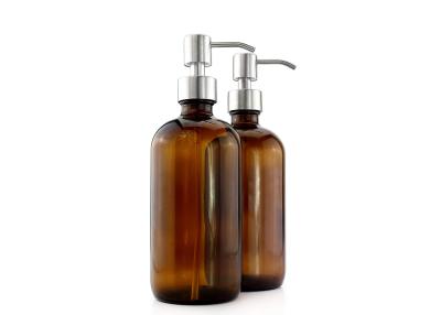 China 500ml Round Amber Glass Cosmetic Bottles with Stainless Steel Pump - UV Protection Chemical Resistant SPCB-22 for sale