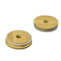 China 86mm Bamboo Mason Jar Lid with Glass Straw Hole for Beer Can Glass for sale