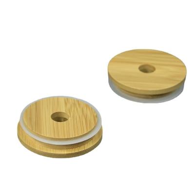 China 86mm Bamboo Mason Jar Lid with Glass Straw Hole for Beer Can Glass for sale