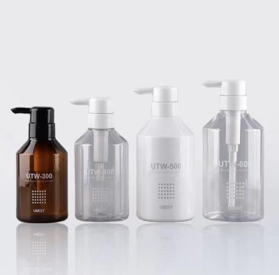 China Refillable Sloping Shoulder Cosmetic Spray Bottle 350ml 500ml Shower Gel Shampoo Plastic for sale