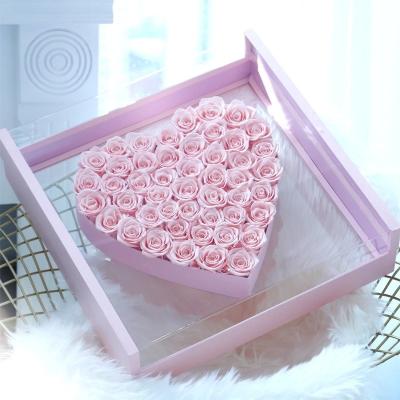 China New Arrival Real Preserved Roses Heart Shape Acrylic Box Gift For Valentines Day for sale