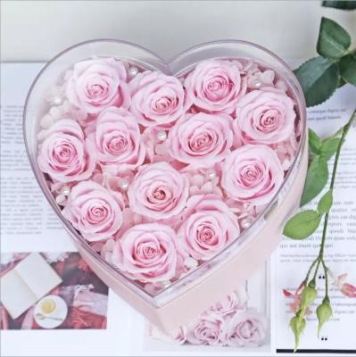 China New Arrival Gift preserved rose in acrylic heartshap gift box Preserved Flowers for sale