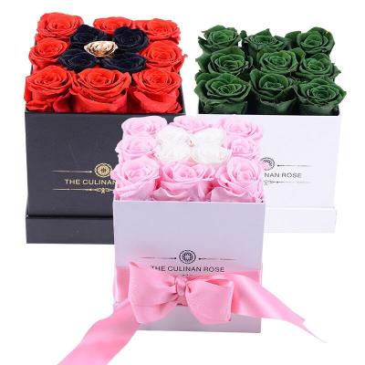 China Wholesale Business Preserved eternal roses Square Boxes 9pcs Roses Inside Black Boxes Flower for sale