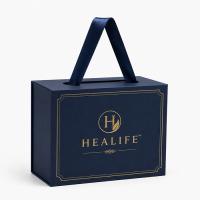 China Rigid Custom Gift Boxes with Ribbon Handle Gold Foil Stamping Brand Presentation Packaging for sale