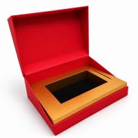 China Custom Red Soft Touch Flip Gift Box with EVA Gold Card Insert for sale