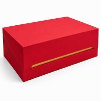 China Custom Red Soft Touch Flip Gift Box with EVA Gold Card Insert for sale