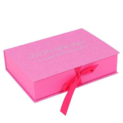 China Custom Pink Hair Bundle Packaging Box 290x210x70mm with Glitter Paper & Satin Lining for Wig Extensions for sale