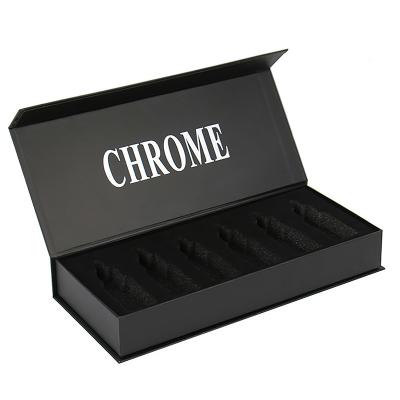 China Custom Black Magnetic Closure Paper Cardboard Essential Oil Gift Box with Foam Insert 157gsm for sale
