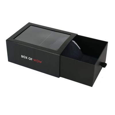 China Luxury Hard Cardboard Pull Out Sliding Drawer Custom Hat Boxes Packaging With Clear Window for sale