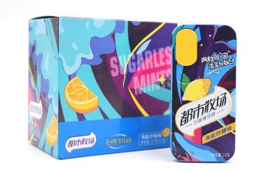 China Sea Salt Lemon Flavor Sugar Free Mint Candy In Colorful Metal Case for sale