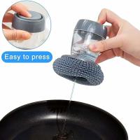 China Kitchen Soap Dispensing Palm Dish Brush with PET and Steel Wire Ball 2-in-1 Cleaning Tool for sale