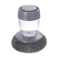 China Kitchen Soap Dispensing Palm Dish Brush with PET and Steel Wire Ball 2-in-1 Cleaning Tool for sale