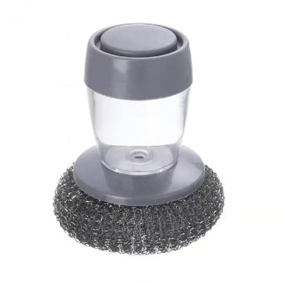 China Kitchen Soap Dispensing Palm Dish Brush with PET and Steel Wire Ball 2-in-1 Cleaning Tool for sale