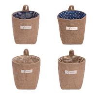 China 4 Pack Cotton Linen Wall Hanging Storage Bags Foldable 10x10x13.5cm with Hooks for sale
