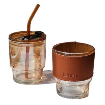 China 450ml Leather Glass Water Bottle With Glass Straw for sale
