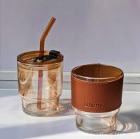 China 450ml Leather Glass Water Bottle With Glass Straw for sale