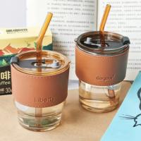 China 450ml Leather Glass Water Bottle With Glass Straw for sale