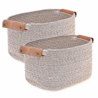 China Decorative Containers KingWell Handwoven Storage Basket With Leather Handles for sale