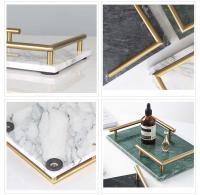 China Honed Marble Rectangular Tray With Gold Metal Handle for sale