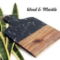 China Acacia Wood and Marble Splicing Cutting Board 20x15 cm with Handle for Kitchen Serving for sale