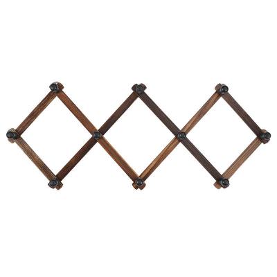 China Wooden Hanging Scarf Key Storage Shelf 95x35cm Folding Retractable Household Rack with 13 Hooks for sale