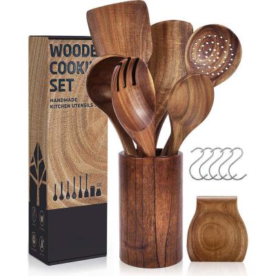 China Natural Teak Wood Kitchen Utensil Set 9pcs Nonstick Cookware Safe 33.5cm for sale