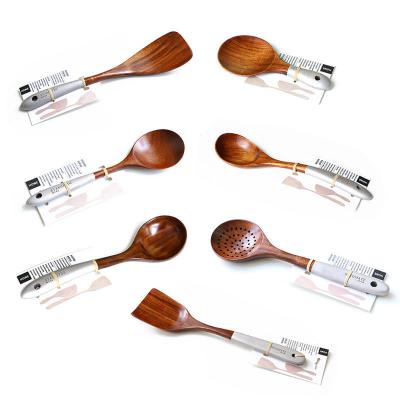 China 5 Pcs Natural Teak Wood Spatula Spoon Kitchen Utensil Set Non Stick Cooking for sale