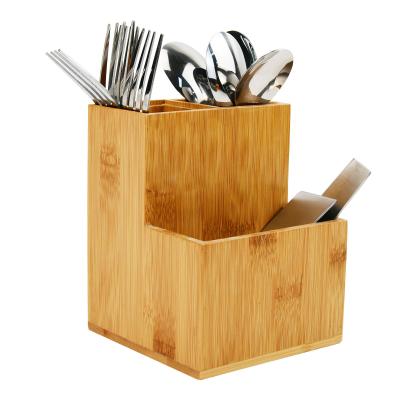 China Natural Bamboo Kitchen Utensil Set with Adjustable Holder 3 Compartments for sale