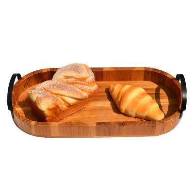 China Natural Wood Serving Tray 42.5x18.1cm Oval with Metal Handle for Home Use for sale