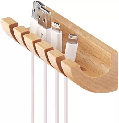 China Natural Bamboo Wood Desk Cable Organizer 9x4x3cm 5 Slot Cord Management for sale