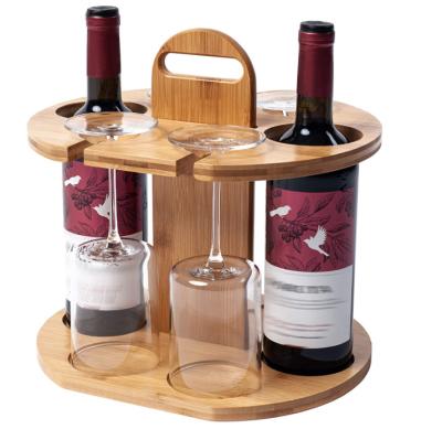 China Natural Bamboo Wine Rack Holds 2 Bottles and 4 Glasses 11.8x9.8x11.8 Inch Tabletop Storage for sale
