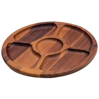 China 30.5cm Acacia Wood Round Chip and Dip Tray 5 Compartment Serving Platter for sale