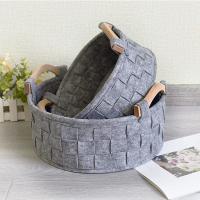China 3 Pack Beige 3mm Woven Felt Storage Baskets with Wooden Handles 12x6.7 inch for sale