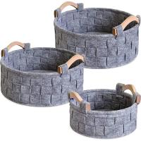 China 3 Pack Beige 3mm Woven Felt Storage Baskets with Wooden Handles 12x6.7 inch for sale