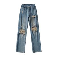 China Factory Customized European Style Fashionable High Waist Woman Ripped Jeans for sale