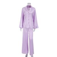 China 2022 Summer customized shirt pajamas set purple stripes long-sleeved silk pajamas set for ladies home wear for sale