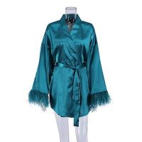 China OEM maufactory  Autumn Pajamas Sexy Bath Long Sleeved Feathers Satin Robe Pure Color French Leisure for sale