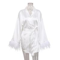 China OEM maufactory  Autumn Pajamas Sexy Bath Long Sleeved Feathers Satin Robe Pure Color French Leisure for sale
