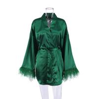 China OEM maufactory  Autumn Pajamas Sexy Bath Long Sleeved Feathers Satin Robe Pure Color French Leisure for sale