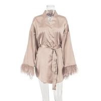 China OEM maufactory  Autumn Pajamas Sexy Bath Long Sleeved Feathers Satin Robe Pure Color French Leisure for sale