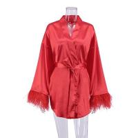 China OEM maufactory  Autumn Pajamas Sexy Bath Long Sleeved Feathers Satin Robe Pure Color French Leisure for sale