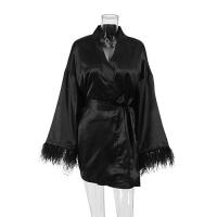 China OEM maufactory  Autumn Pajamas Sexy Bath Long Sleeved Feathers Satin Robe Pure Color French Leisure for sale