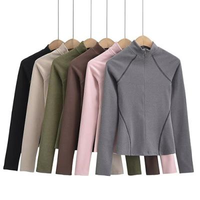 China 2023 Spring Double Sided German Velvet Raglan Sleeve Zipper Bottom Top Women'S T-Shirt for sale