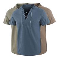 China 2021 Summer Causal Loose Solid Hooded Lace Up Short Sleeve T Shirt For Men for sale