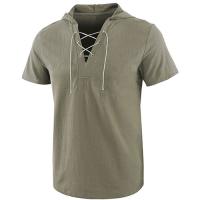 China 2021 Summer Causal Loose Solid Hooded Lace Up Short Sleeve T Shirt For Men for sale